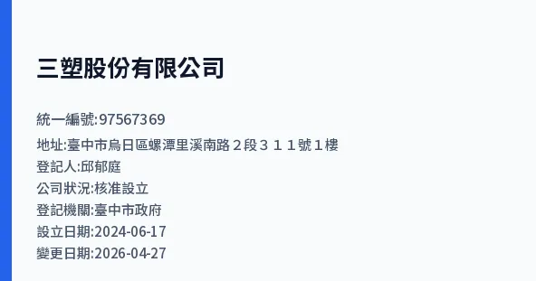 三塑股份有限公司的照片-統編 97567369(臺中市) 公司登記資料與營業項目詳細圖表