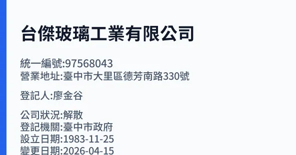 台傑玻璃工業有限公司的照片-統編 97568043(臺中市) 公司登記資料與營業項目詳細圖表