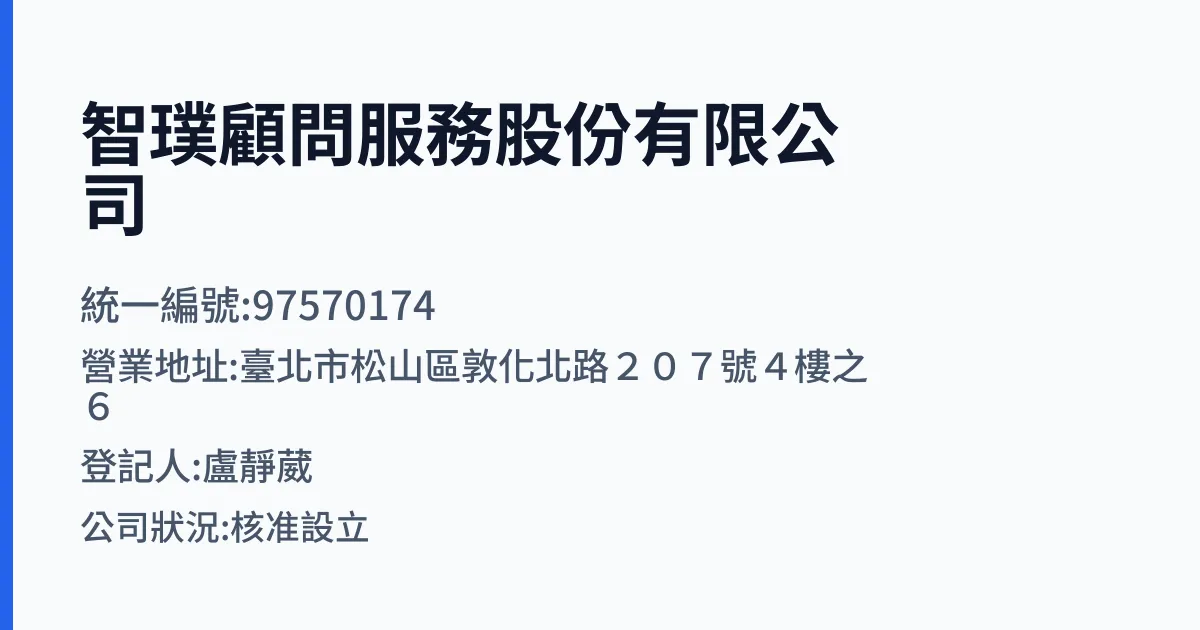 智璞顧問服務股份有限公司 - 統編 97570174(臺北市) 公司登記資料與營業項目詳細圖表