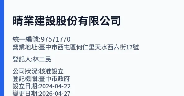 晴業建設股份有限公司的照片-統編 97571770(臺中市) 公司登記資料與營業項目詳細圖表
