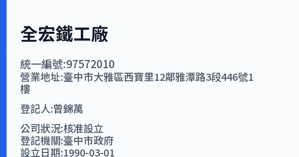 全宏鐵工廠的照片-統編 97572010(臺中市) 公司登記資料與營業項目詳細圖表