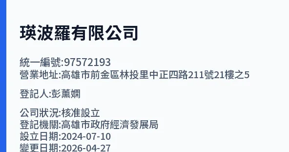 瑛波羅有限公司的照片-統編 97572193(高雄市) 公司登記資料與營業項目詳細圖表