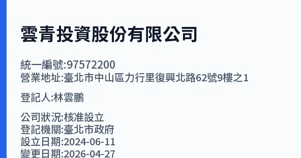 雲青投資股份有限公司的照片-統編 97572200(臺北市) 公司登記資料與營業項目詳細圖表