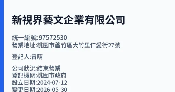 新視界藝文企業有限公司的照片-統編 97572530(桃園市) 公司登記資料與營業項目詳細圖表