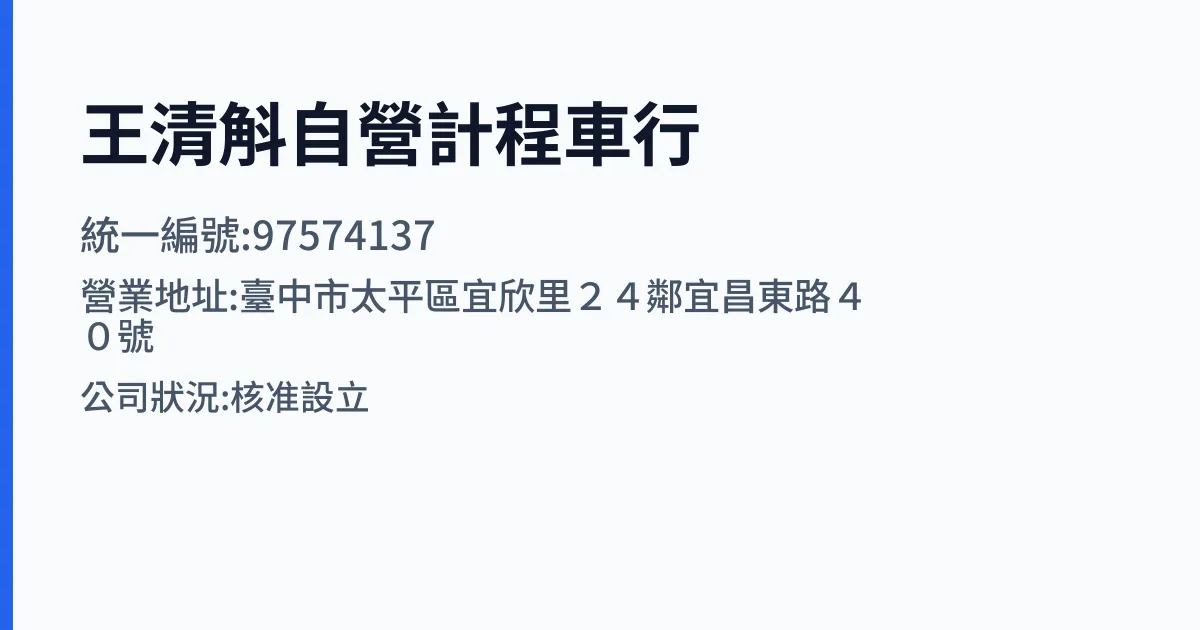 王清斛自營計程車行 - 統編 97574137(臺中市) 公司登記資料與營業項目詳細圖表