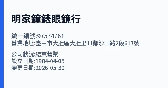 明家鐘錶眼鏡行的照片-統編 97574761(臺中市) 公司登記資料與營業項目詳細圖表