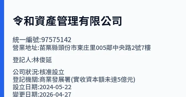 令和資產管理有限公司的照片-統編 97575142(苗栗縣) 公司登記資料與營業項目詳細圖表