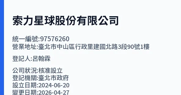 索力星球股份有限公司的照片-統編 97576260(臺北市) 公司登記資料與營業項目詳細圖表