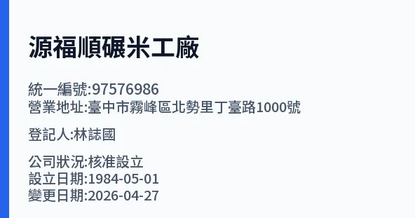 源福順碾米工廠的照片-統編 97576986(臺中市) 公司登記資料與營業項目詳細圖表