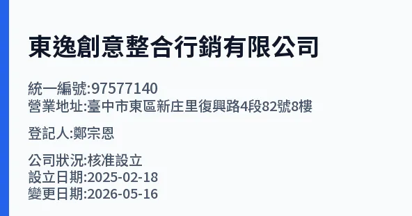 東逸創意整合行銷有限公司的照片-統編 97577140(臺中市) 公司登記資料與營業項目詳細圖表