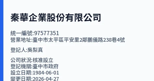 秦華企業股份有限公司的照片-統編 97577351(臺中市) 公司登記資料與營業項目詳細圖表