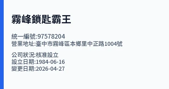 霧峰鎖匙霸王的照片-統編 97578204(臺中市) 公司登記資料與營業項目詳細圖表
