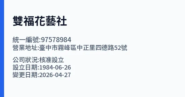 雙福花藝社的照片-統編 97578984(臺中市) 公司登記資料與營業項目詳細圖表