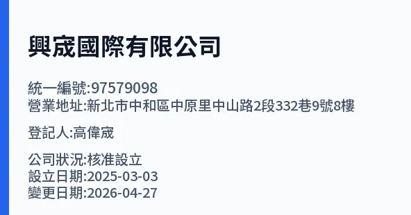 興宬國際有限公司的照片-統編 97579098(新北市) 公司登記資料與營業項目詳細圖表