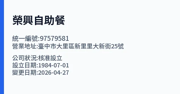 榮興自助餐的照片-統編 97579581(臺中市) 公司登記資料與營業項目詳細圖表