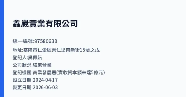 鑫崴實業有限公司的照片-統編 97580638(基隆市) 公司登記資料與營業項目詳細圖表