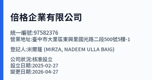 倍格企業有限公司的照片-統編 97582376(臺中市) 公司登記資料與營業項目詳細圖表