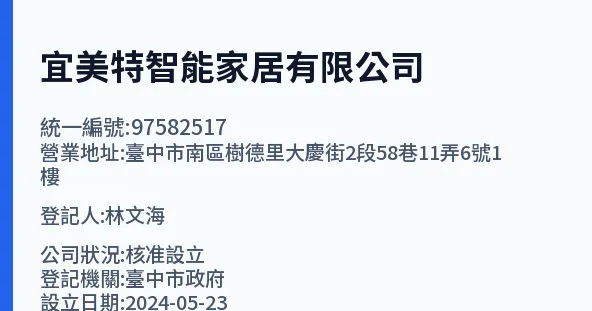 宜美特智能家居有限公司的照片-統編 97582517(臺中市) 公司登記資料與營業項目詳細圖表