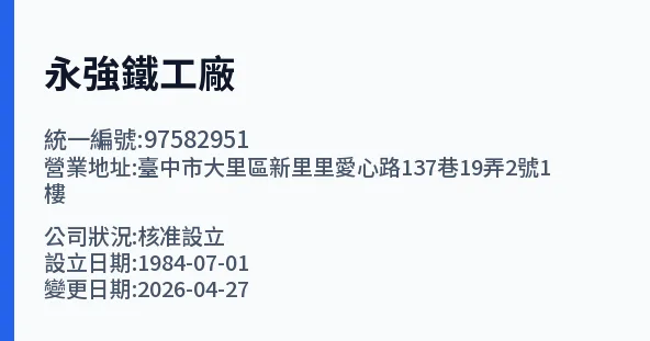 永強鐵工廠的照片-統編 97582951(臺中市) 公司登記資料與營業項目詳細圖表