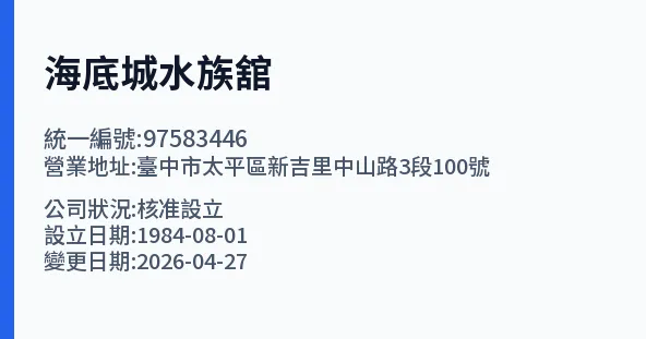 海底城水族舘的照片-統編 97583446(臺中市) 公司登記資料與營業項目詳細圖表