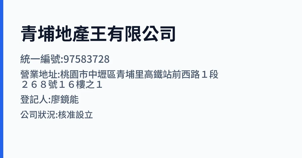 青埔地產王有限公司 - 統編 97583728(桃園市) 公司登記資料與營業項目詳細圖表