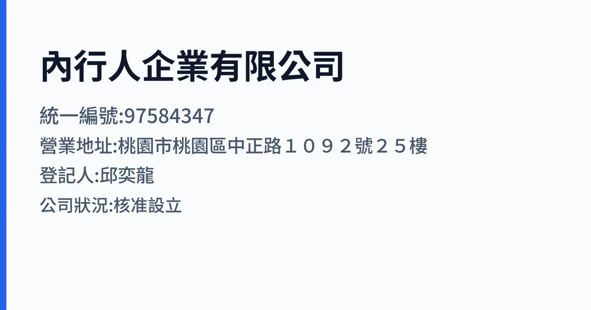 內行人企業有限公司 - 統編 97584347(桃園市) 公司登記資料與營業項目詳細圖表