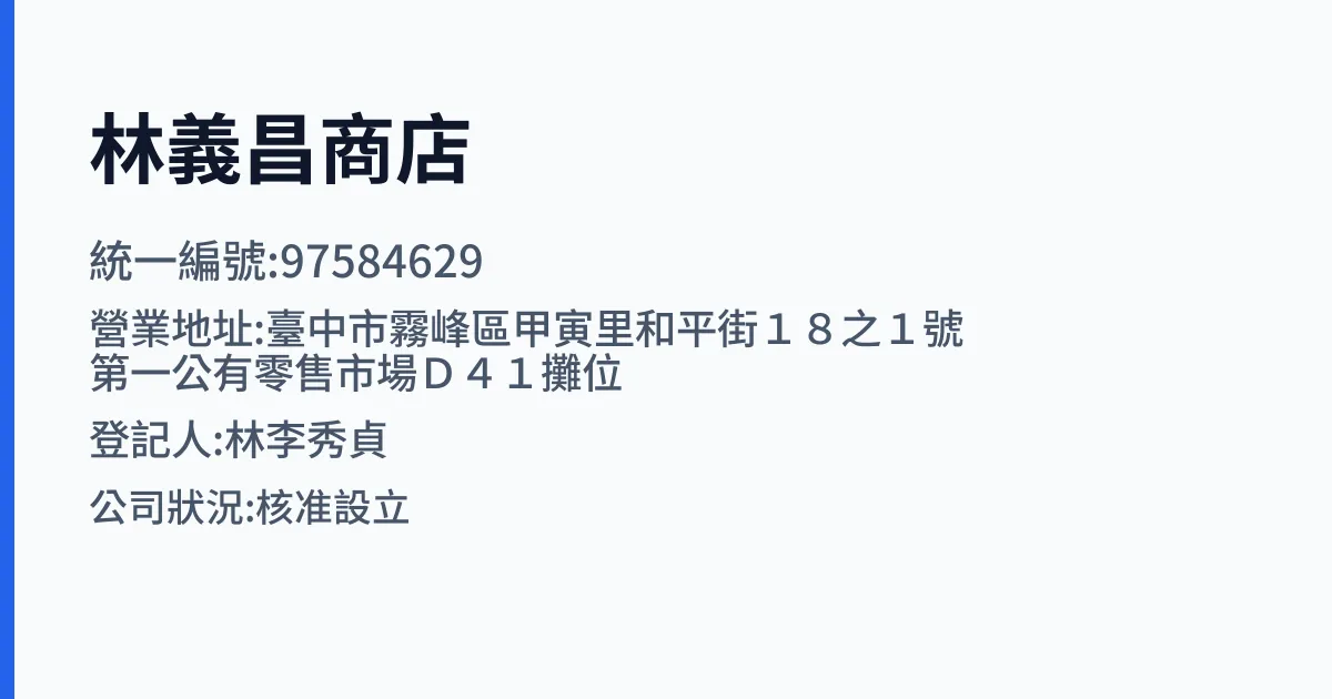 林義昌商店 - 統編 97584629(臺中市) 公司登記資料與營業項目詳細圖表