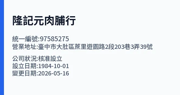 隆記元肉脯行的照片-統編 97585275(臺中市) 公司登記資料與營業項目詳細圖表