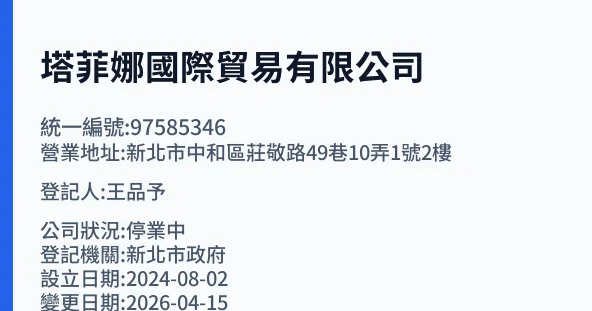 塔菲娜國際貿易有限公司的照片-統編 97585346(新北市) 公司登記資料與營業項目詳細圖表