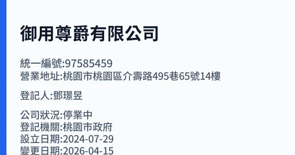 御用尊爵有限公司的照片-統編 97585459(桃園市) 公司登記資料與營業項目詳細圖表
