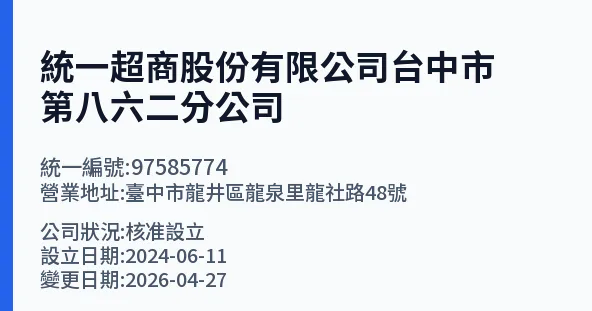 統一超商股份有限公司台中市第八六二分公司的照片-統編 97585774(臺中市) 公司登記資料與營業項目詳細圖表