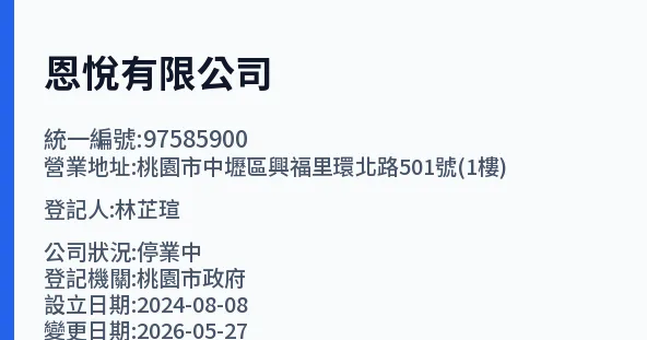 恩悅有限公司的照片-統編 97585900(桃園市) 公司登記資料與營業項目詳細圖表