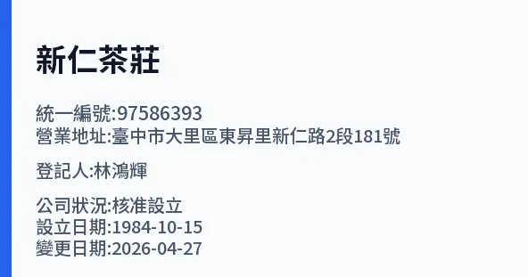 新仁茶莊的照片-統編 97586393(臺中市) 公司登記資料與營業項目詳細圖表