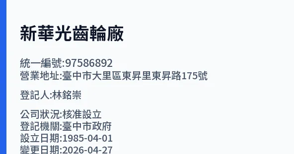 新華光齒輪廠的照片-統編 97586892(臺中市) 公司登記資料與營業項目詳細圖表