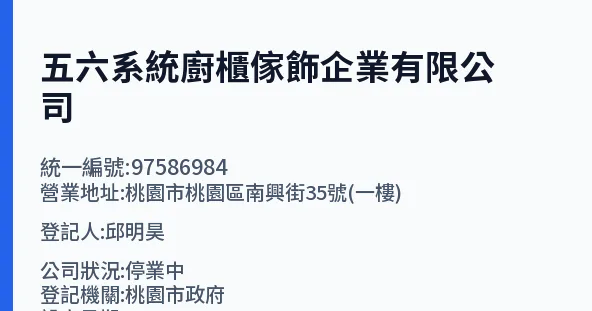 五六系統廚櫃傢飾企業有限公司的照片-統編 97586984(桃園市) 公司登記資料與營業項目詳細圖表