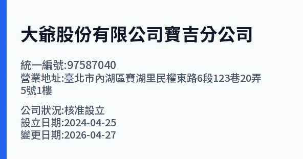 大爺股份有限公司寶吉分公司的照片-統編 97587040(臺北市) 公司登記資料與營業項目詳細圖表