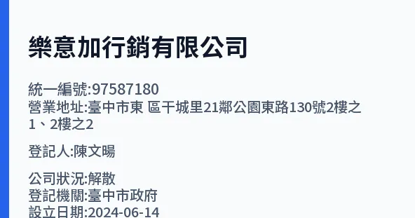 樂意加行銷有限公司的照片-統編 97587180(臺中市) 公司登記資料與營業項目詳細圖表