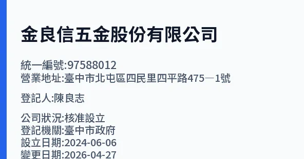 金良信五金股份有限公司的照片-統編 97588012(臺中市) 公司登記資料與營業項目詳細圖表