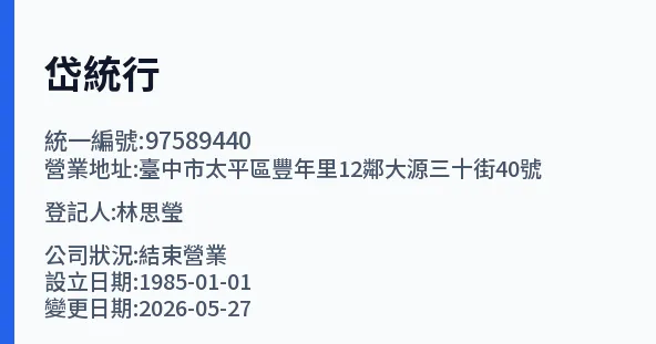 岱統行的照片-統編 97589440(臺中市) 公司登記資料與營業項目詳細圖表