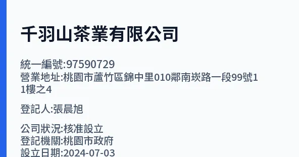 千羽山茶業有限公司的照片-統編 97590729(桃園市) 公司登記資料與營業項目詳細圖表