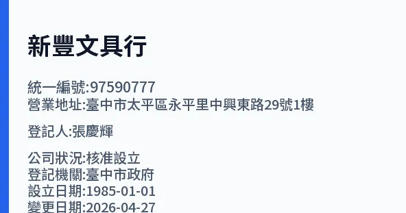 新豐文具行的照片-統編 97590777(臺中市) 公司登記資料與營業項目詳細圖表