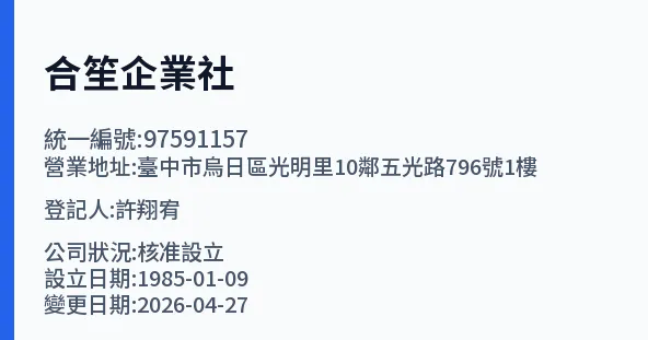合笙企業社的照片-統編 97591157(臺中市) 公司登記資料與營業項目詳細圖表