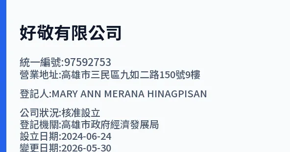 好敬有限公司的照片-統編 97592753(高雄市) 公司登記資料與營業項目詳細圖表