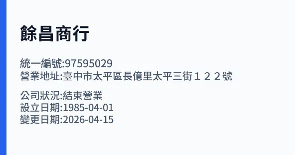 餘昌商行的照片-統編 97595029(臺中市) 公司登記資料與營業項目詳細圖表