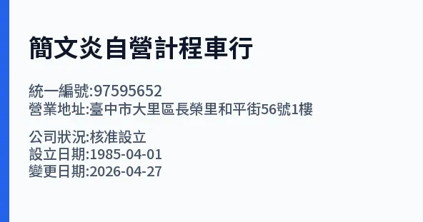 簡文炎自營計程車行的照片-統編 97595652(臺中市) 公司登記資料與營業項目詳細圖表