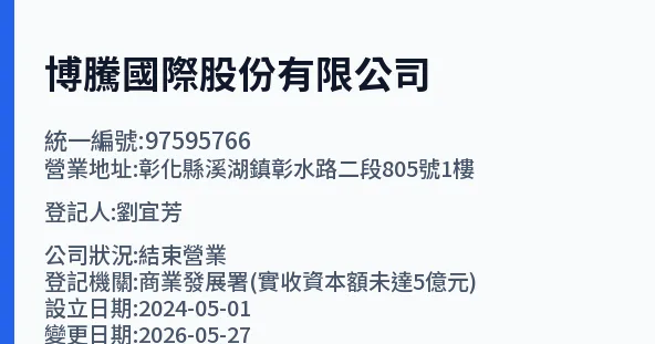 博騰國際股份有限公司的照片-統編 97595766(彰化縣) 公司登記資料與營業項目詳細圖表