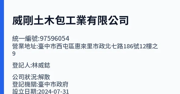 威剛土木包工業有限公司的照片-統編 97596054(臺中市) 公司登記資料與營業項目詳細圖表