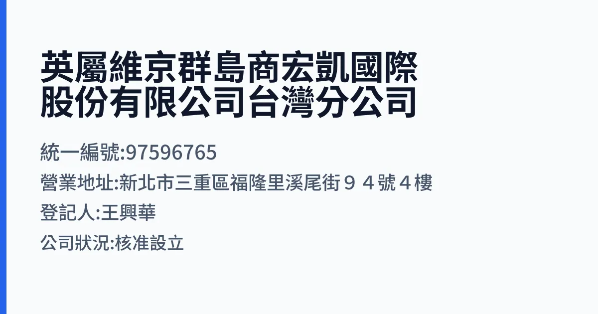 英屬維京群島商宏凱國際股份有限公司台灣分公司 - 統編 97596765(新北市) 公司登記資料與營業項目詳細圖表