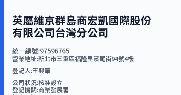 英屬維京群島商宏凱國際股份有限公司台灣分公司的照片-統編 97596765(新北市) 公司登記資料與營業項目詳細圖表