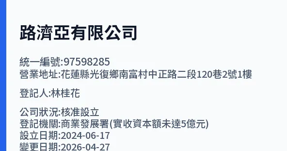 路濟亞有限公司的照片-統編 97598285(花蓮縣) 公司登記資料與營業項目詳細圖表